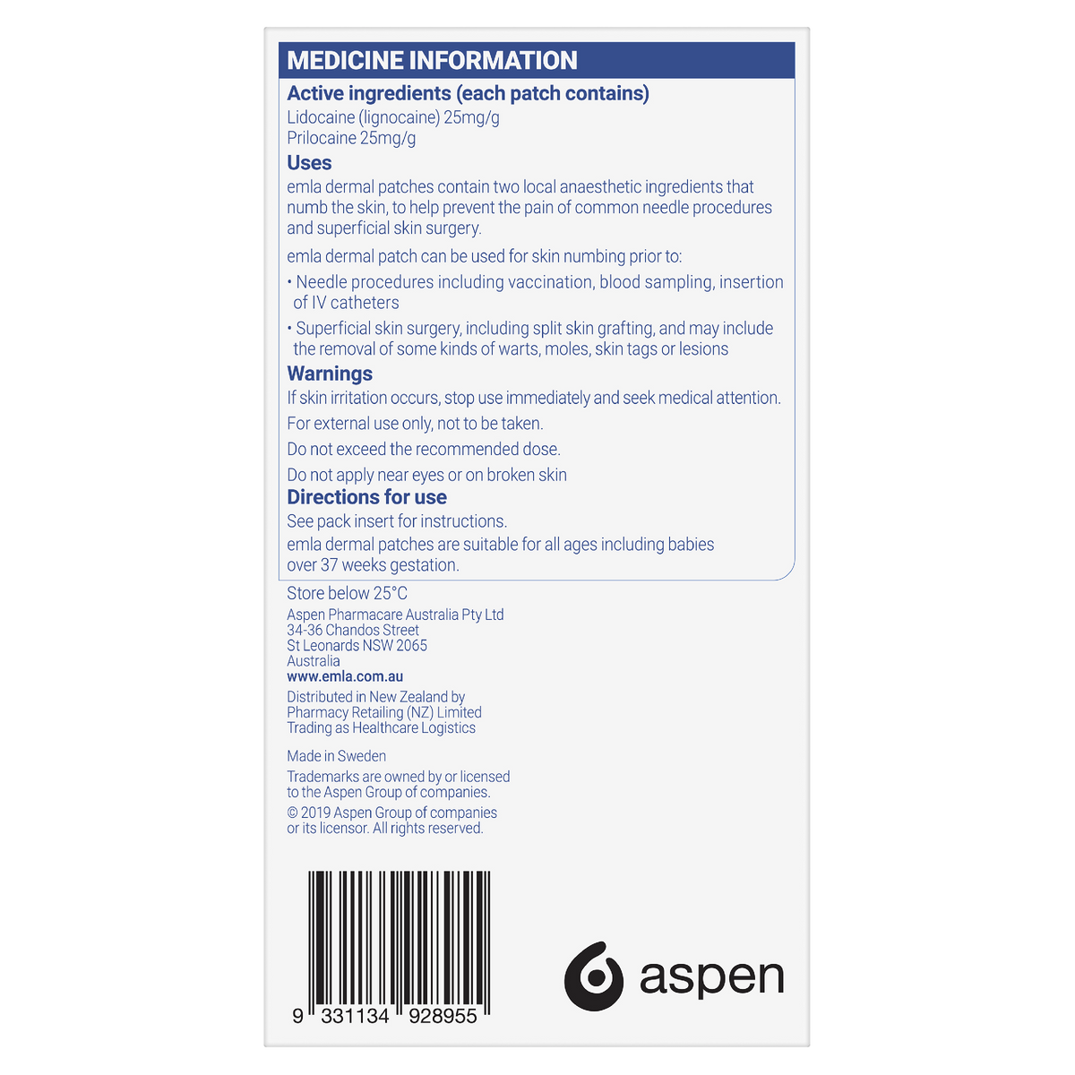 Buy Emla 5% skin numbing patches (20 pack) – Alive Pharmacy Warehouse