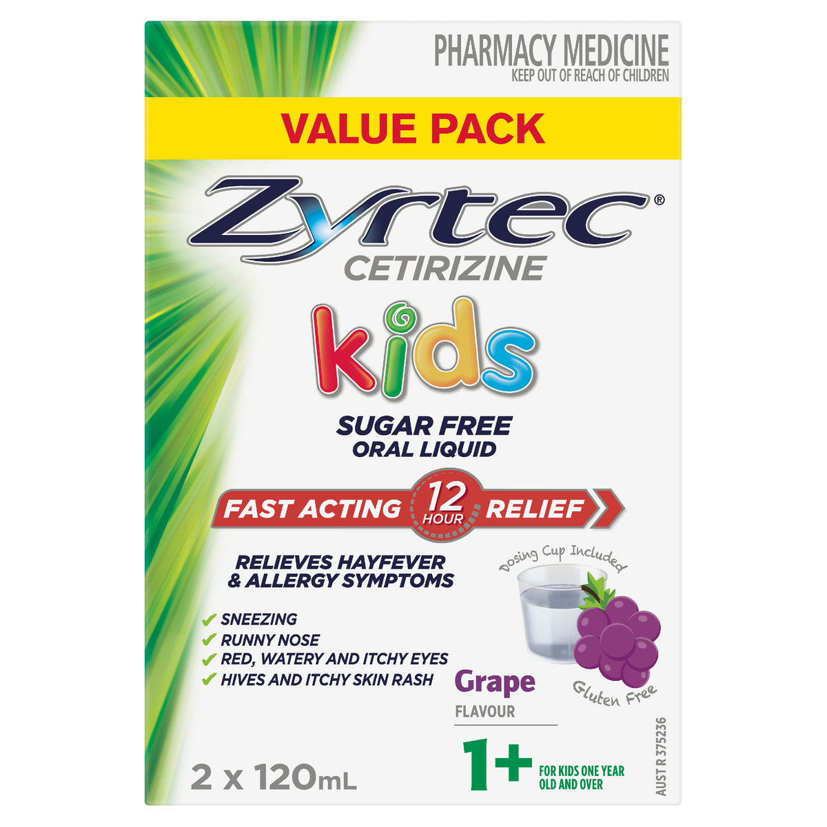 Zyrtec Kids Allergy & Hayfever Relief Antihistamine Grape Liquid 2x120 ...